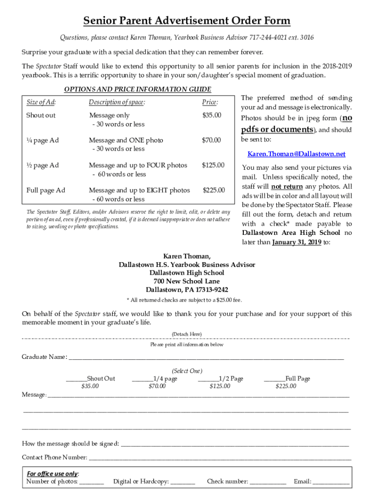 Fillable Online Senior Parent Advertisement Order Form - SharpSchool ...