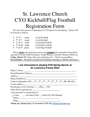 Fillable Online St. Lawrence Church CYO Kickball/Flag Football ...