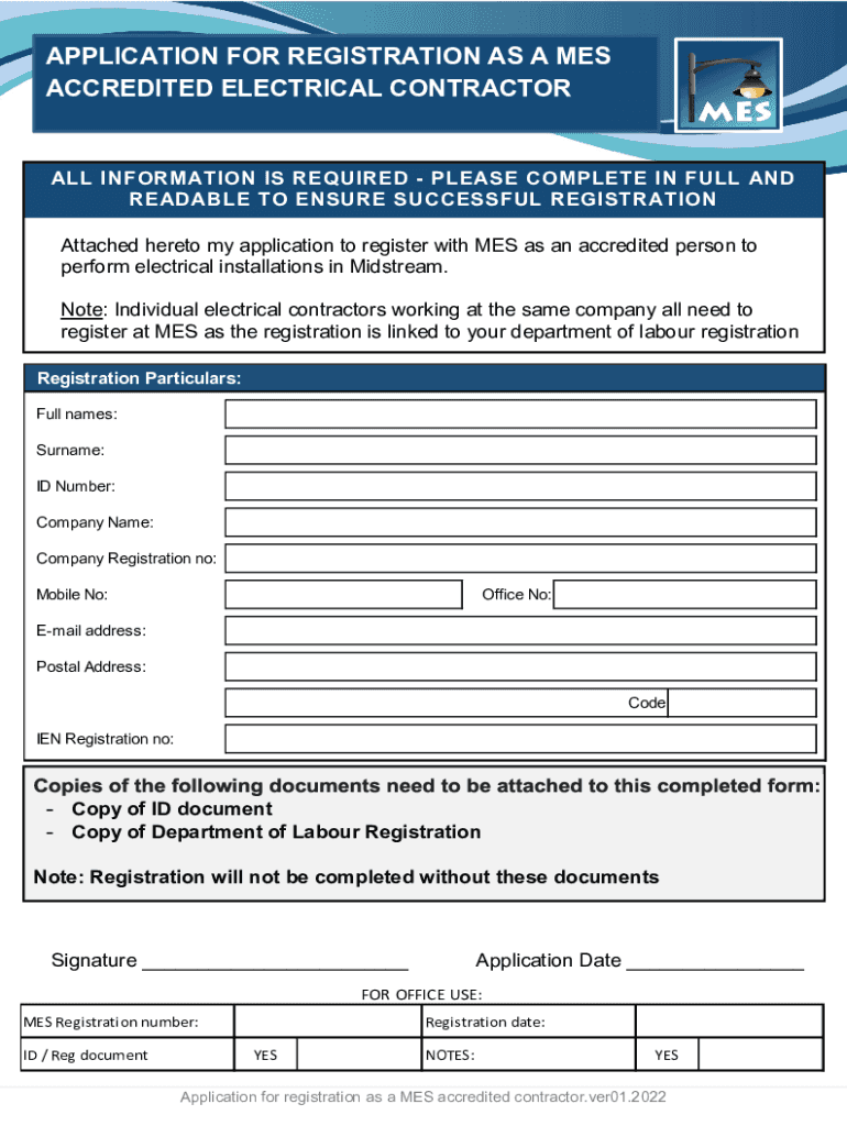Fillable Online APPLICATION FOR REGISTRATION AS A MES ACCREDITED ...