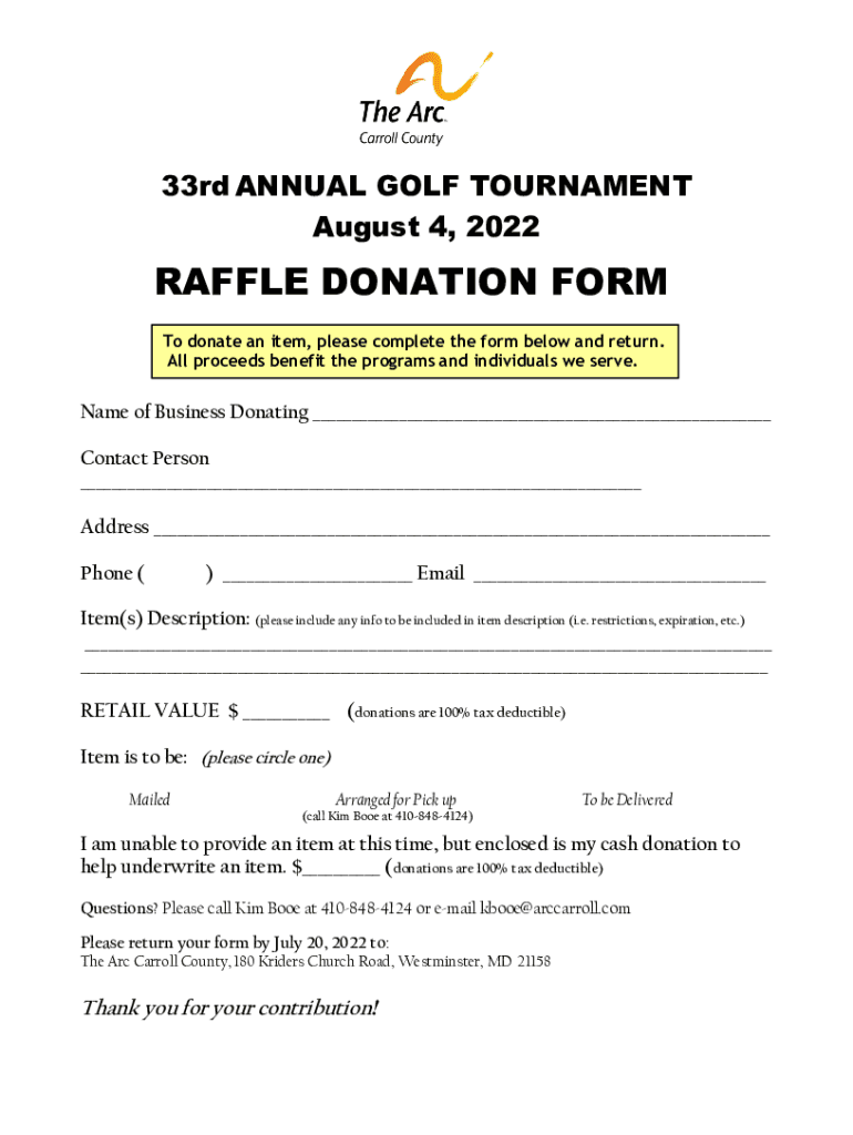 Fillable Online RAFFLE DONATION FORM - The Arc of Carroll County Fax ...