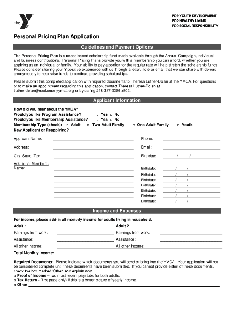Fillable Online Personal Pricing Plan Application Fax Email Print - pdfFiller