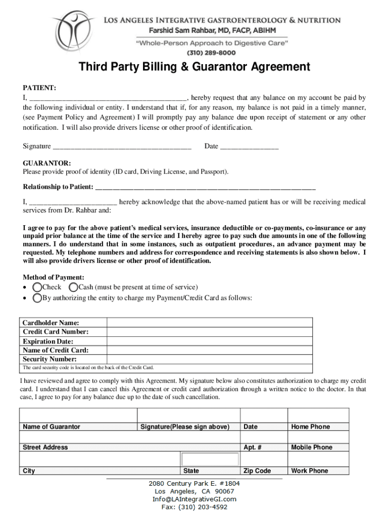 Fillable Online Third Party Billing & Guarantor Agreement Fax Email ...