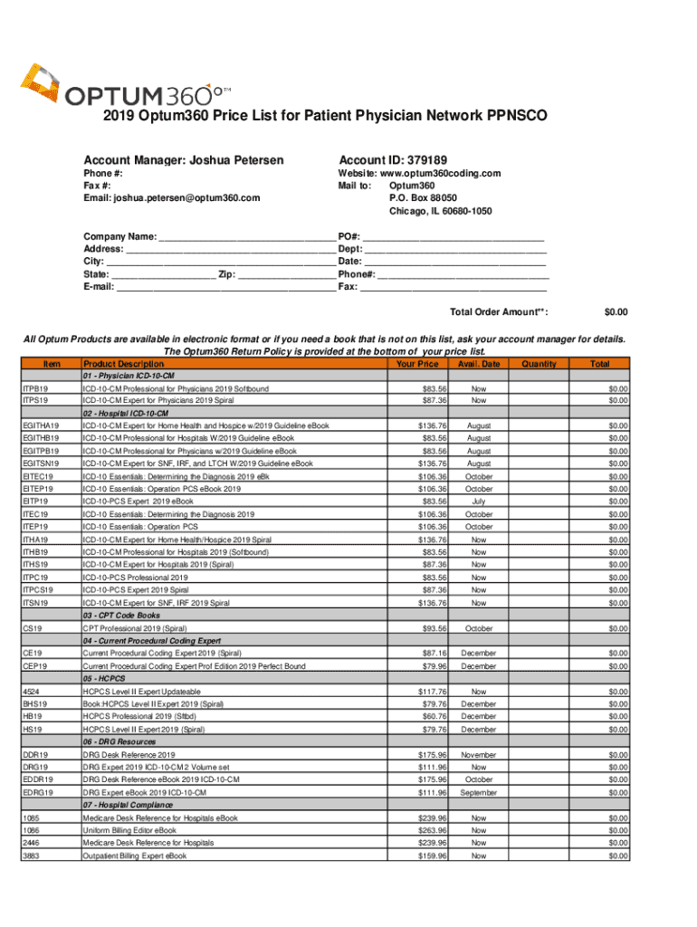 Fillable Online 2019 Optum360 Price List for Patient Physician Network ...