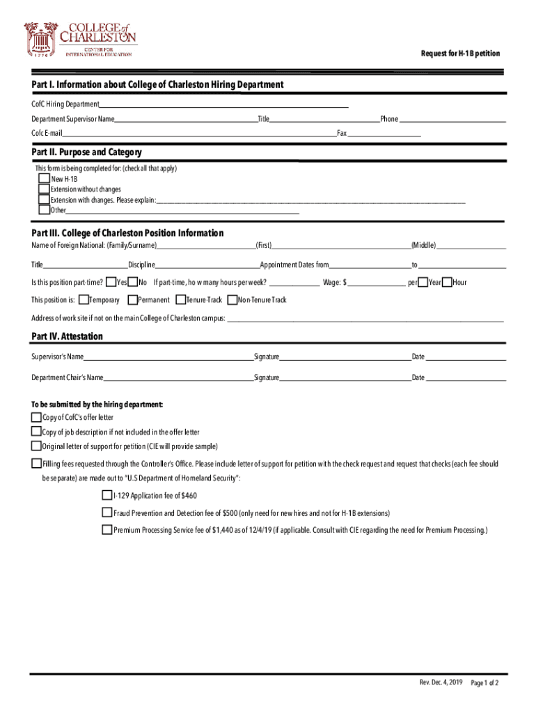 Fillable Online international cofc Request for Form DS-2019 for J-1 ...