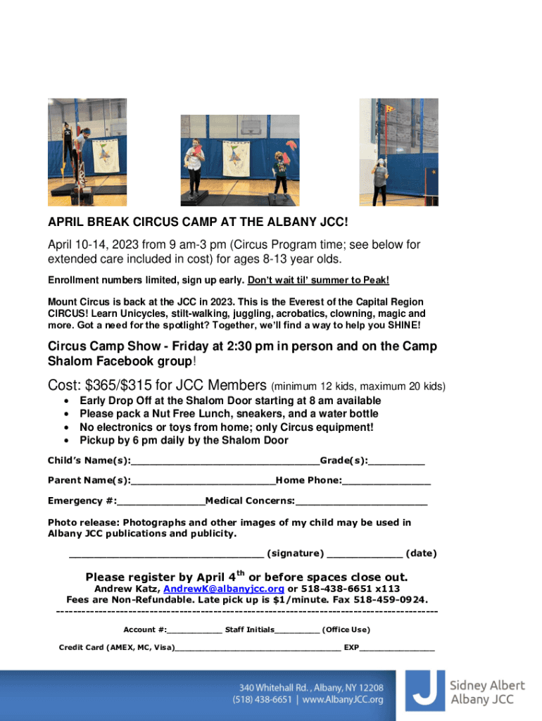 Fillable Online SPRING BREAK CIRCUS CAMP AT THE ALBANY JCC! Fax Email ...