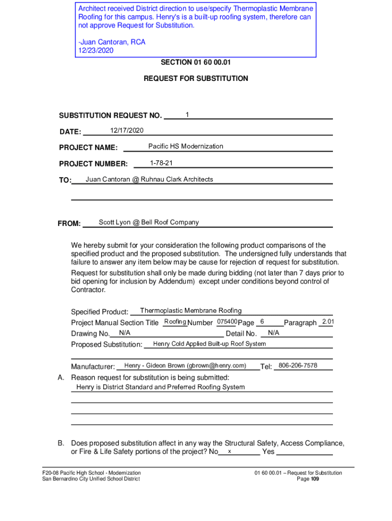 Fillable Online SECTION 01 60 00.01 REQUEST FOR SUBSTITUTION ... Fax ...
