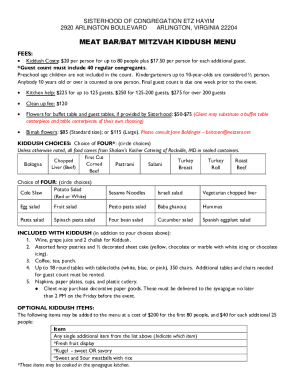 Fillable Online MEAT BAR/BAT MITZVAH KIDDUSH MENU Fax Email Print ...