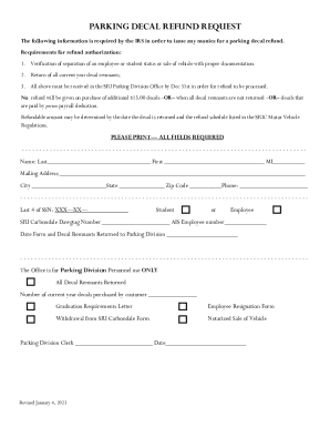 Fillable Online parking siu PARKING DECAL REFUND REQUEST Fax Email ...