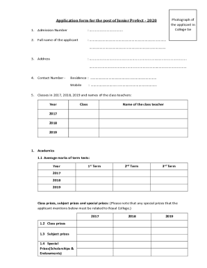 Fillable Online Application form for the post of Junior Prefect - 2020 ...