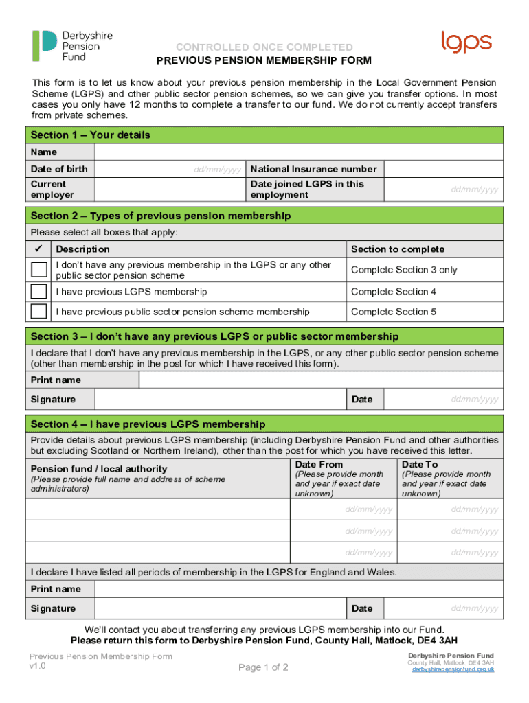 Fillable Online Previous Pension Membership Form. Transfer in LGPS and ...