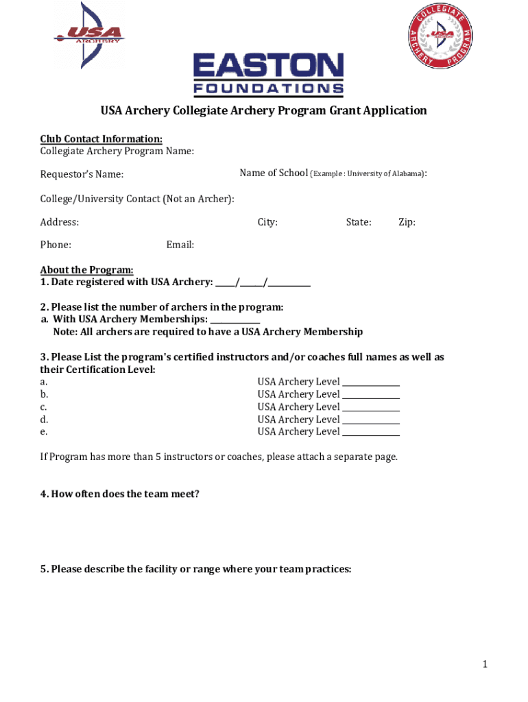 Fillable Online USA Archery Collegiate Archery Program Grant ...