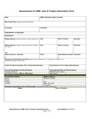 Fillable Online NanoscienceUNM: User & Project Information Form Fax ...