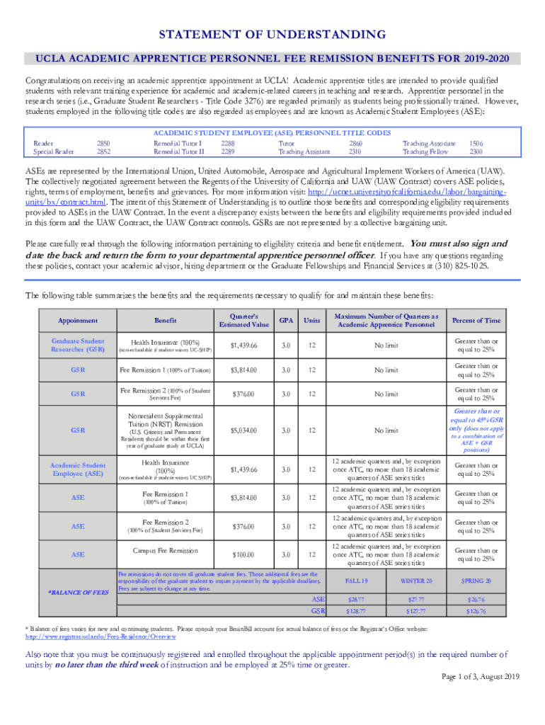 Fillable Online Statement of Understanding and Fee Remission Benefits ...