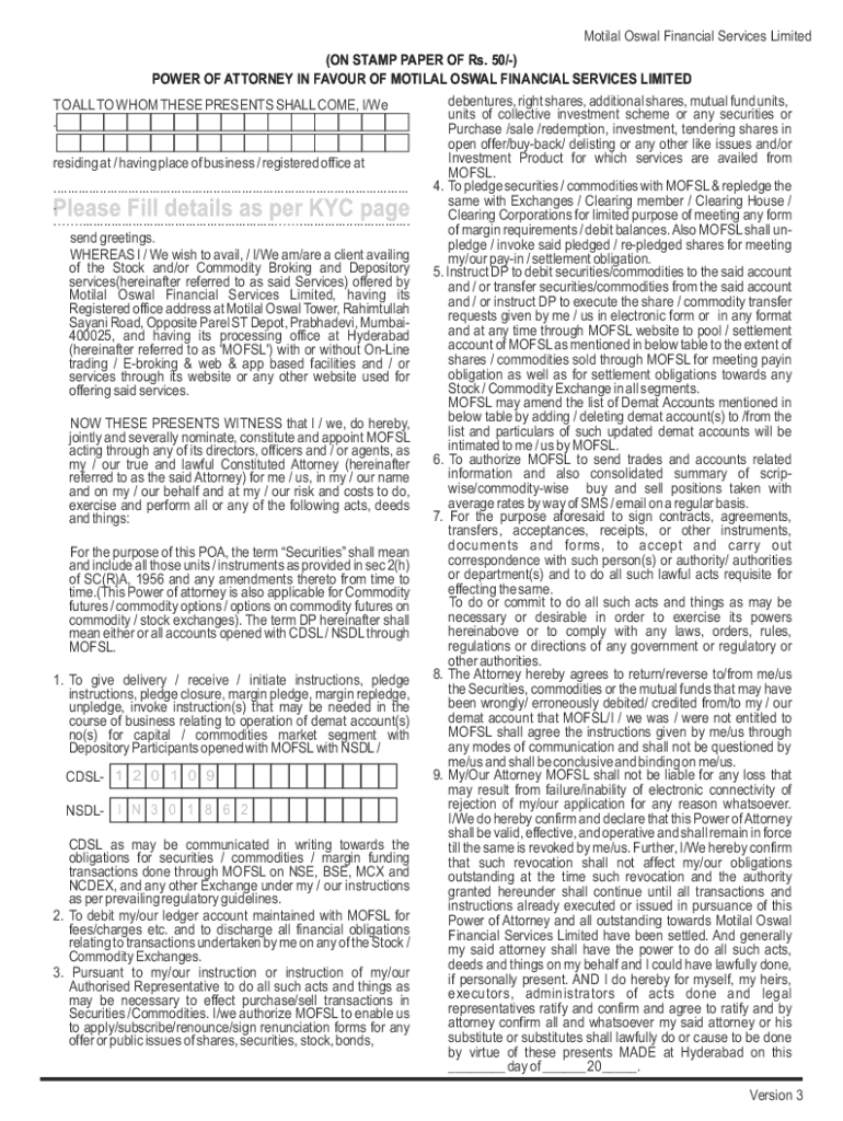 Fillable Online Power of Attorney for your Demat account - Motilal Oswal Fax Email Print - pdfFiller