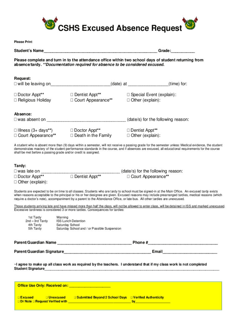 Fillable Online Absence / Tardy Excuse Form - Bishop Moore Fax Email ...