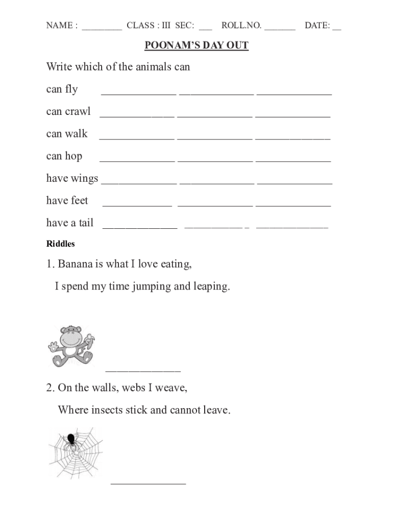 Fillable Online EVS Class 3Animals that can fly, crawl, hop, walk ...