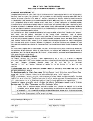 Fillable Online RE: Terrorism Risk Insurance Policyholder Disclosure ...