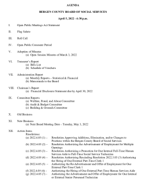 Fillable Online 4:30 p.m. I. Open Public Meetings Act Statement II ...