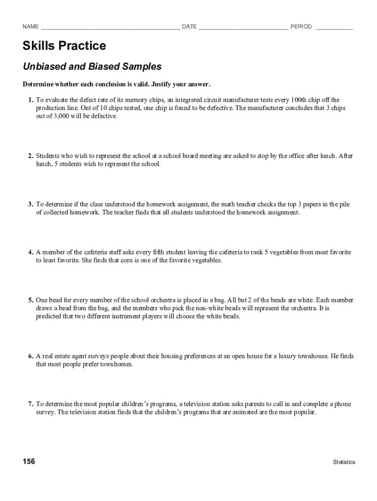 Fillable Online Lesson 2 Skills Practice - Unbiased and Biased Samples ...