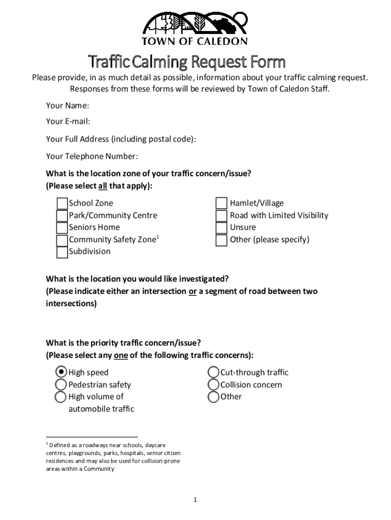 Fillable Online Traffic Calming Request Form - Town of Caledon Fax ...
