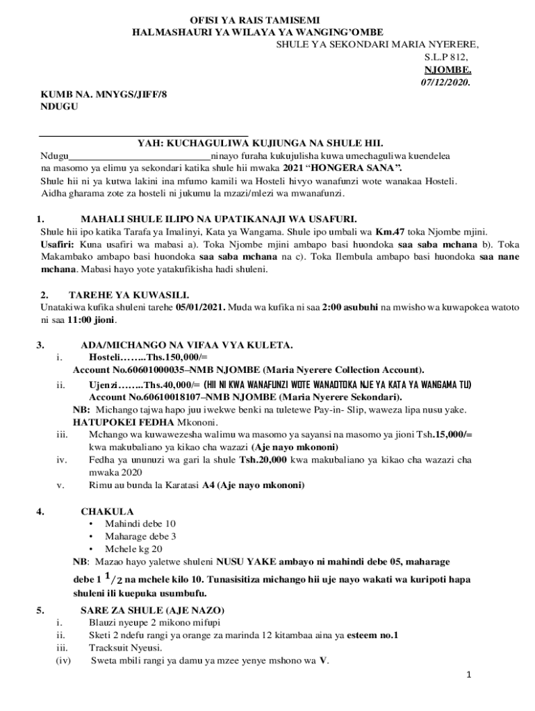 Fillable Online ofisi ya rais - tamisemi - Form One Selection - 2021 ...