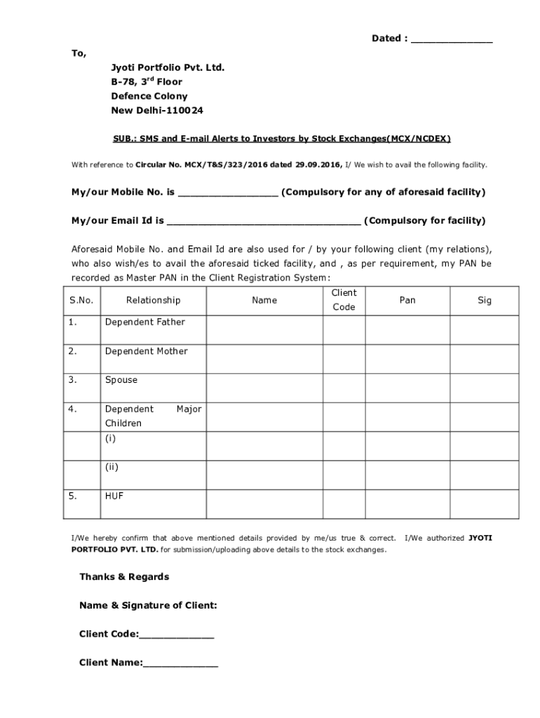 Fillable Online To, Jyoti Portfolio Pvt. Ltd. B-78, 3rd Floor Defence ...