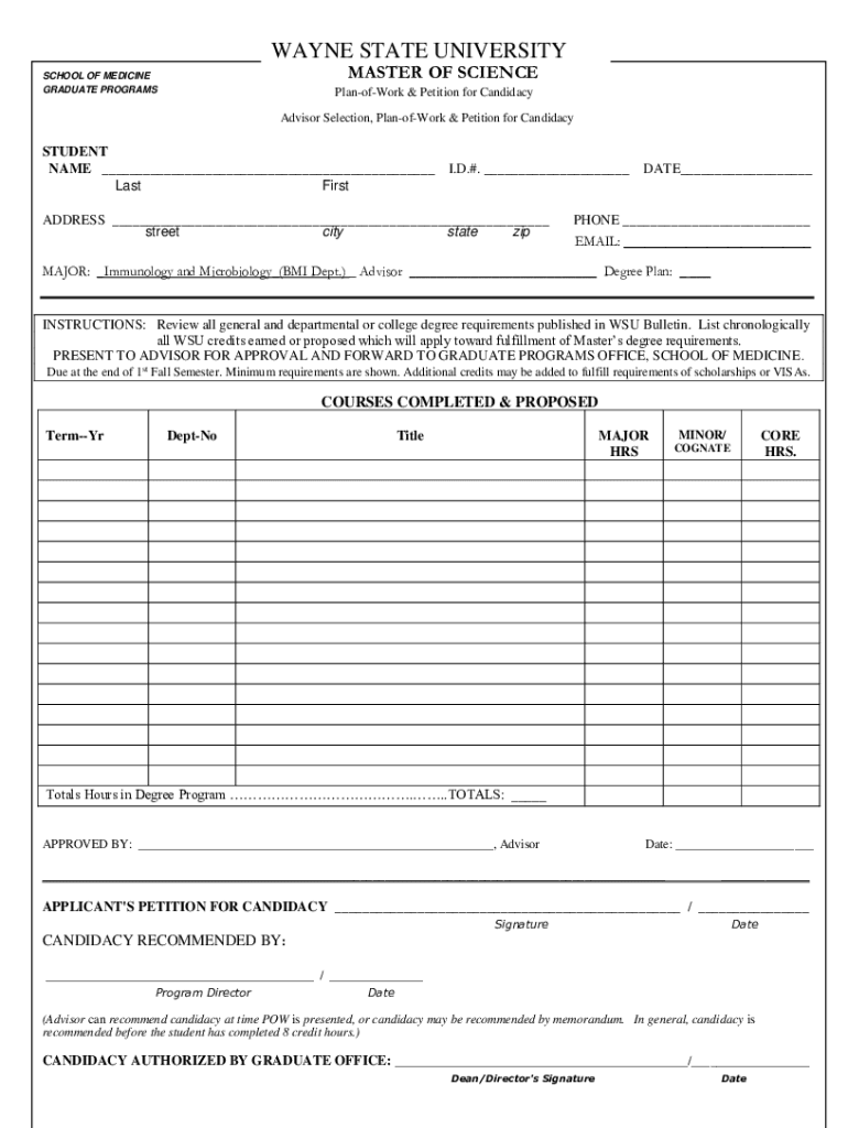 Fillable Online Plan-of-Work & Petition for Candidacy - Wayne State University Fax Email Print ...