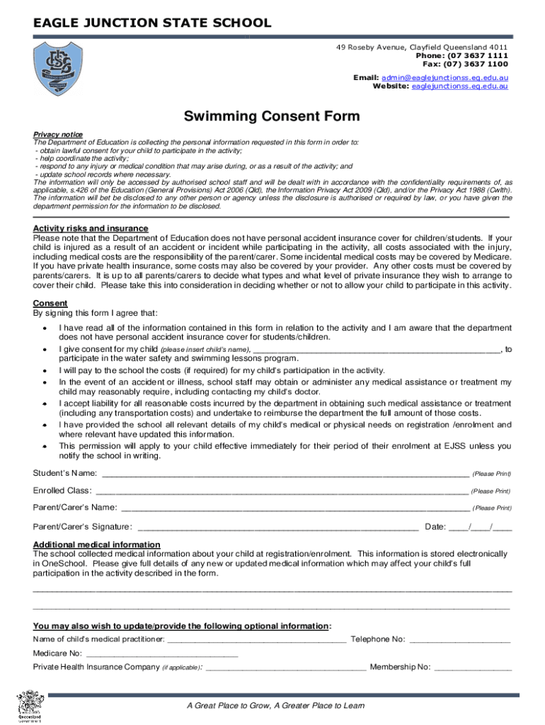 Fillable Online eaglejunctionss eq edu Swimming Consent Form - Eagle ...