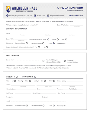 Fillable Online APPLICATION FORM - Aberdeen Hall Preparatory School Fax ...