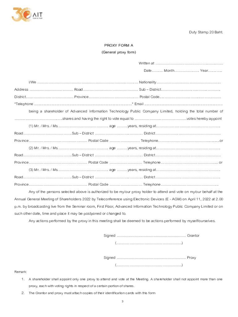 Fillable Online (Please attach stamp duty of Baht 20) Proxy Form A Written at Date ... Fax Email ...