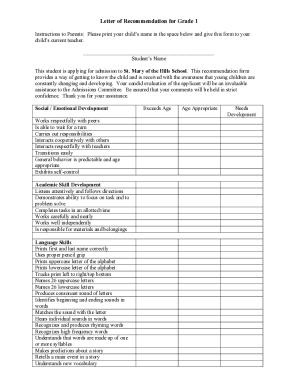 Fillable Online Letter of Recommendation for Grade 1 - Hingham Fax ...
