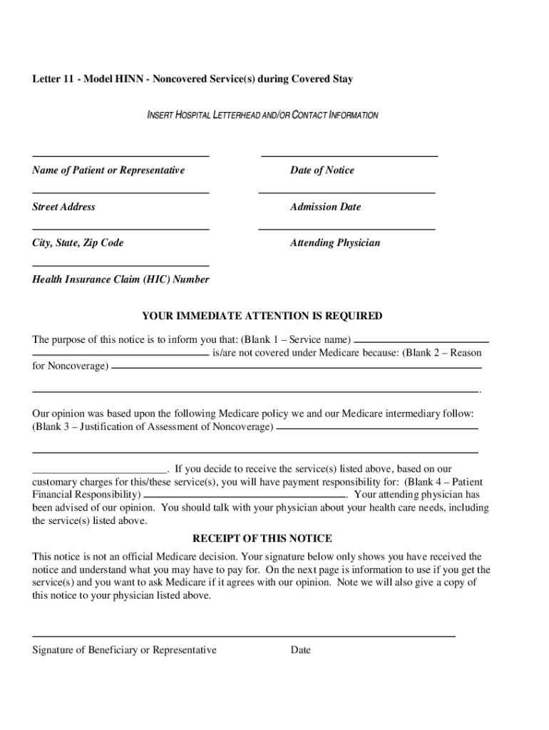 Fillable Online Model HINN 11 - Noncovered Services during Covered Stay ...