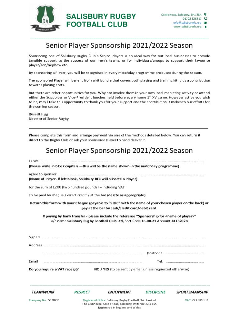 Fillable Online Salisbury Rugby Club: Home of Rugby in Salisbury Fax ...