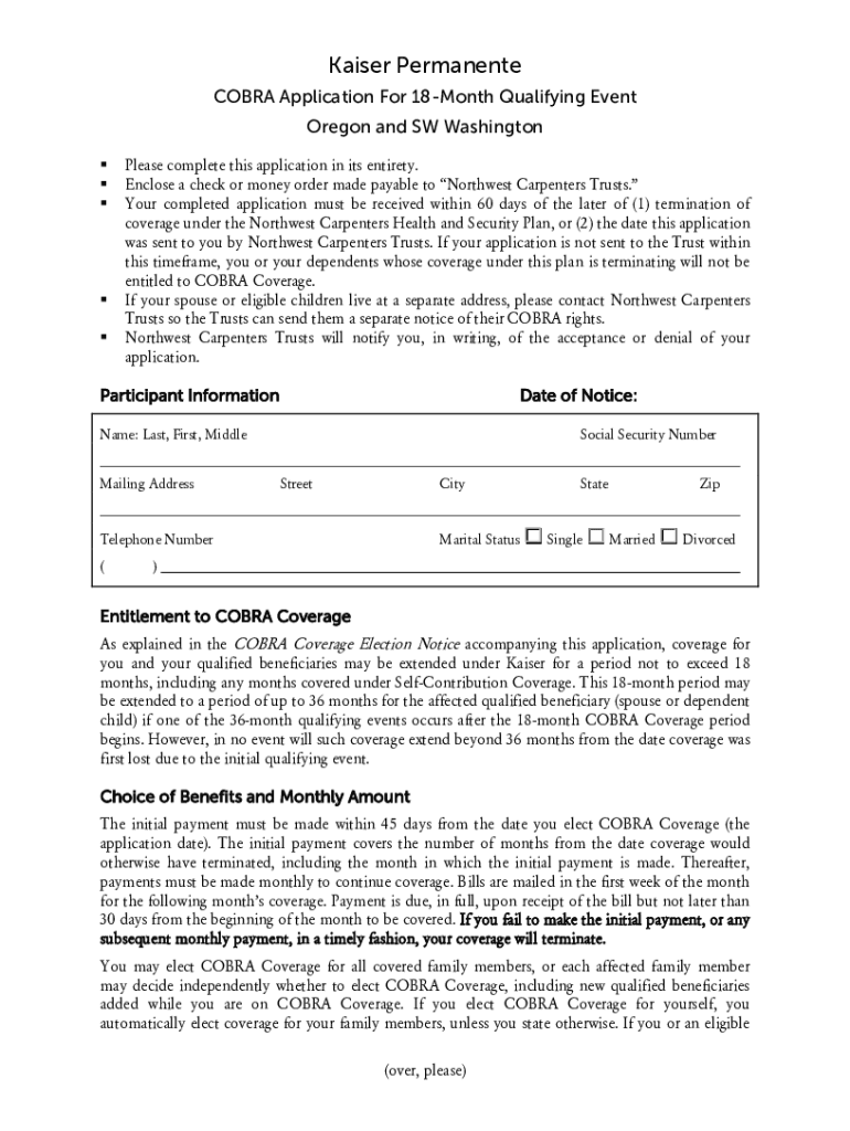 Fillable Online COBRA Application For 18-Month Qualifying Event Oregon ...