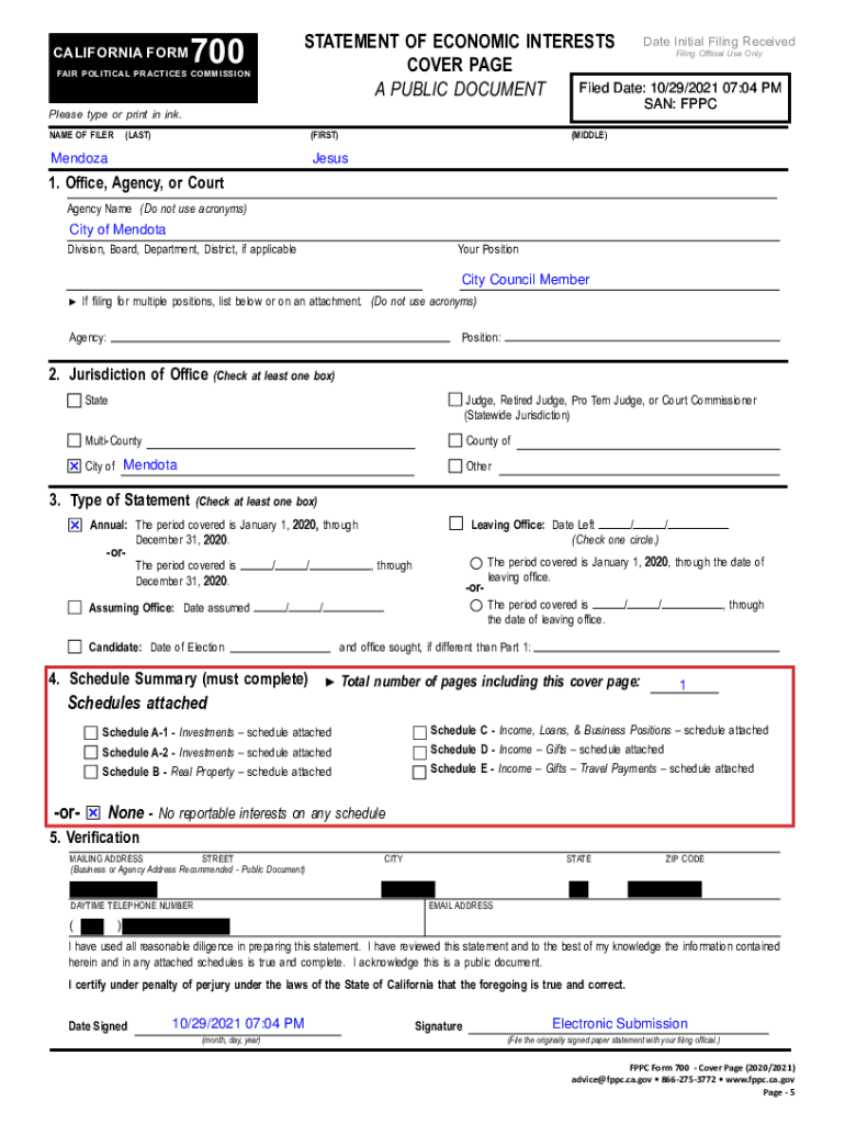 Fillable Online Statement of Economic Interests - Form 700 - Anaheim ...