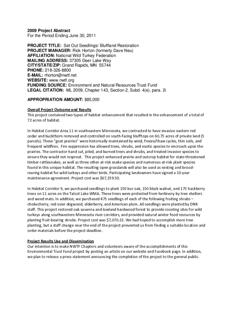 Fillable Online Set Out Seedlings/ Bluffland Restoration PROJECT MANAG ...