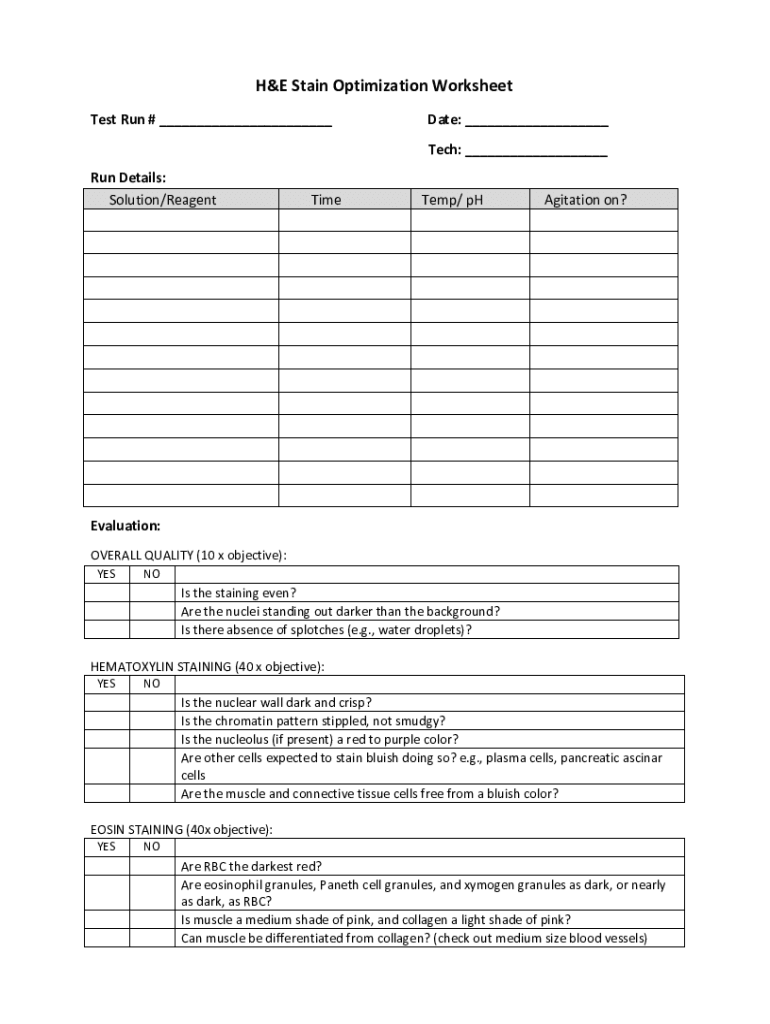 Fillable Online H&E Stain Optimization Worksheet Fax Email Print - pdfFiller
