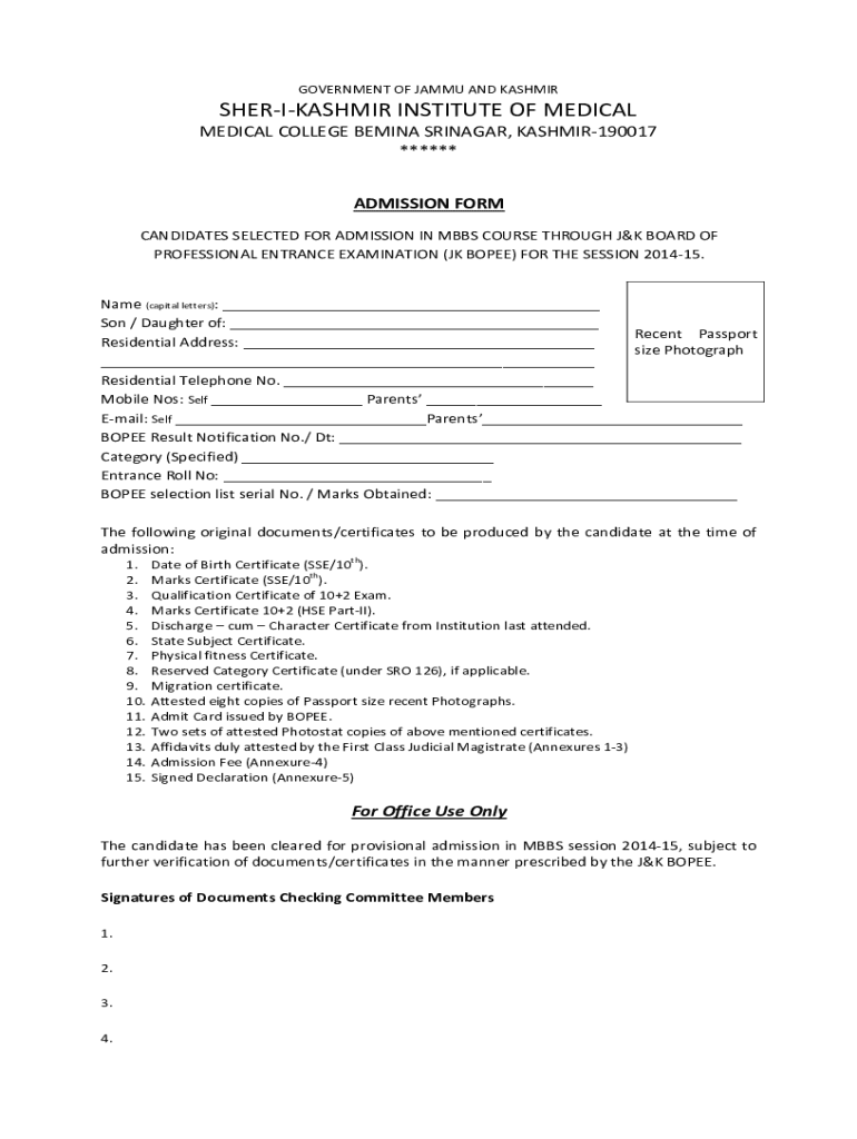 Fillable Online Jammu and Kashmir MBBS Admission 2023: Application Form ...