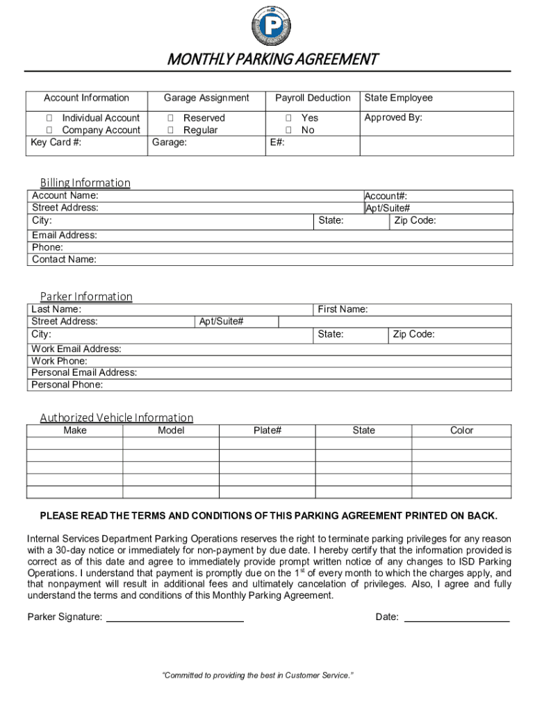 Fillable Online Monthly Parking Agreement. Monthly Parking Agreement ...