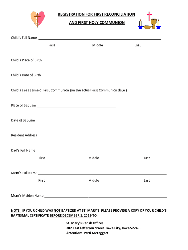 Fillable Online REGISTRATION FOR FIRST RECONCILIATION AND FIRST HOLY ...