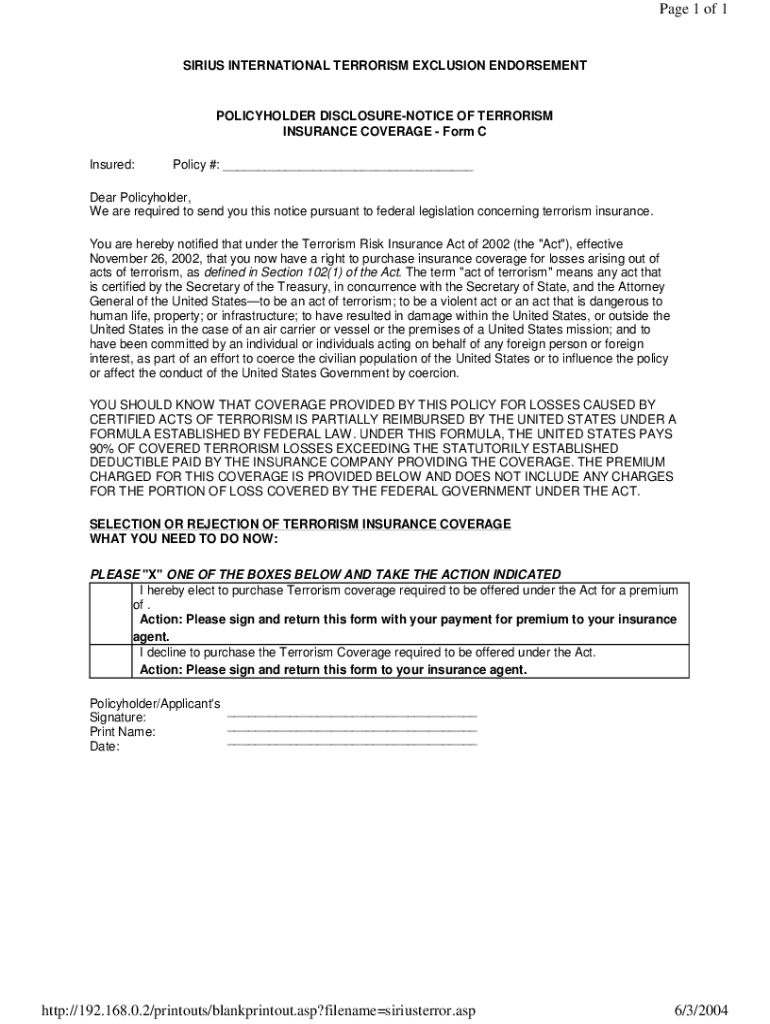 Fillable Online Policyholder Disclosure Notice of Terrorism Insurance ...