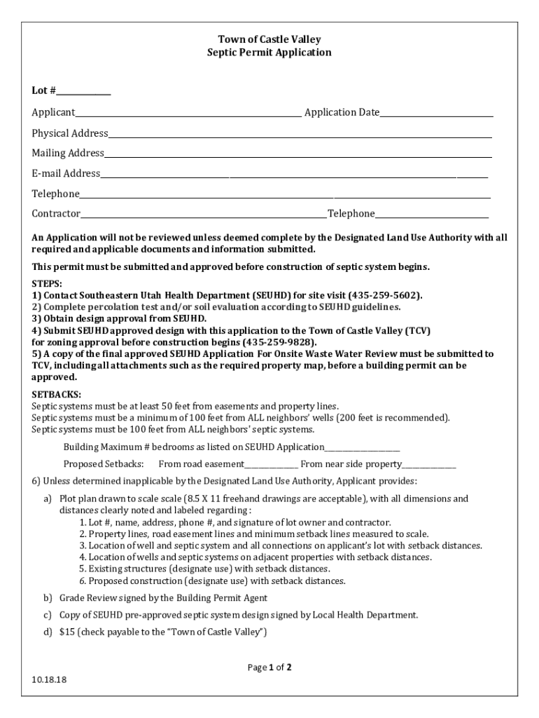 Fillable Online Town of Castle Valley Septic Permit Application Lot Fax ...
