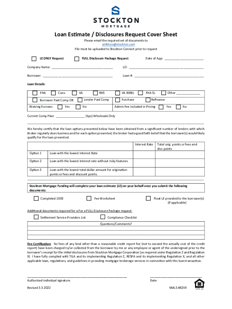 Fillable Online Loan Estimate / Disclosures Request Cover Sheet Fax ...