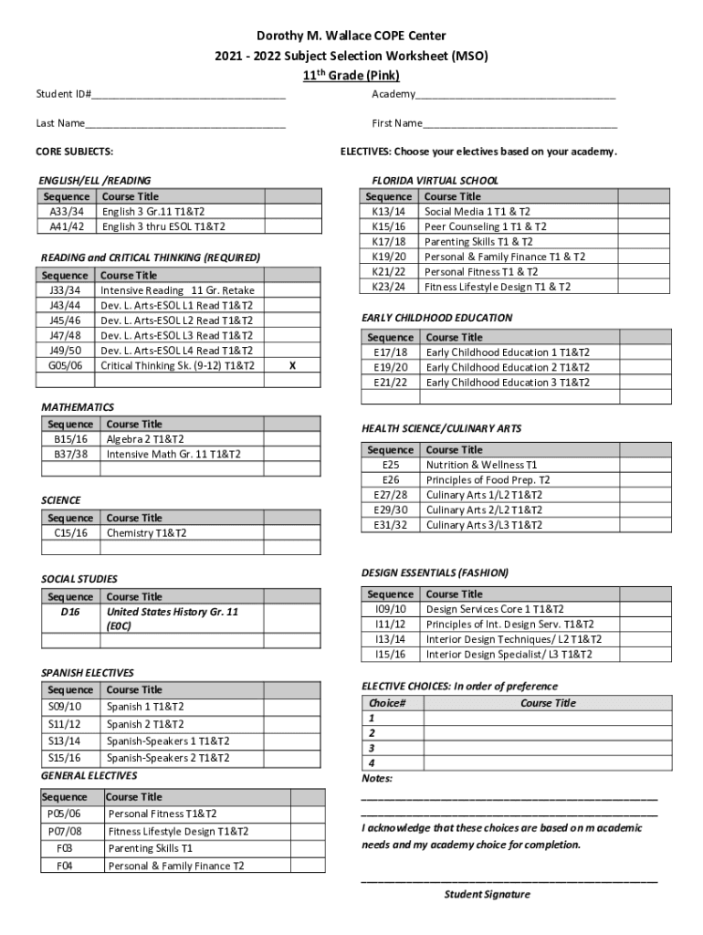 Fillable Online 2022 Subject Selection Worksheet (MSO) 11th Grade (Pink ...