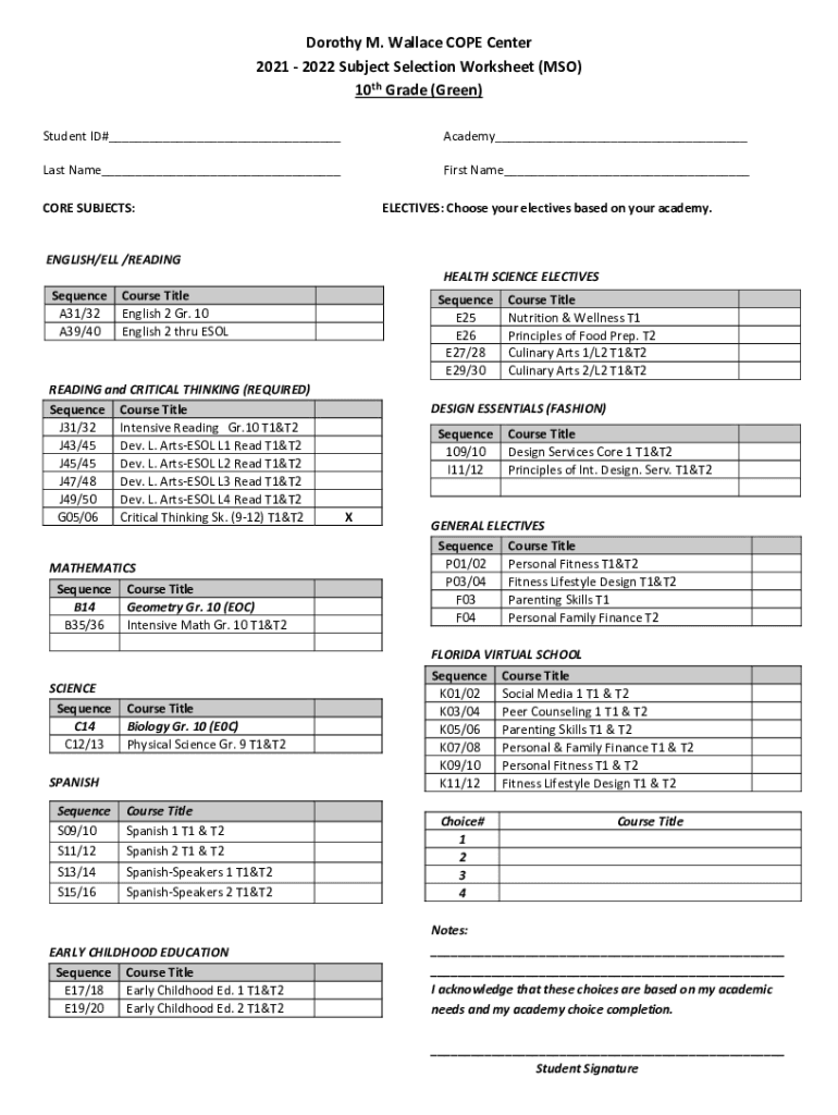 Fillable Online 2022 Subject Selection Worksheet (MSO) 10th Grade ...