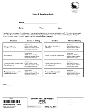 Fillable Online Epworth Sleepiness Scale How likely are you to doze off ...