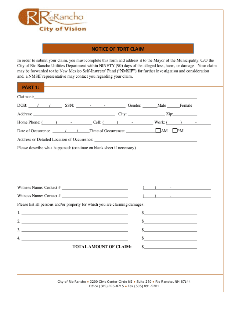 Fillable Online INSTRUCTIONS FOR FILLING A UTILITY TORT CLAIM NOTICE ...