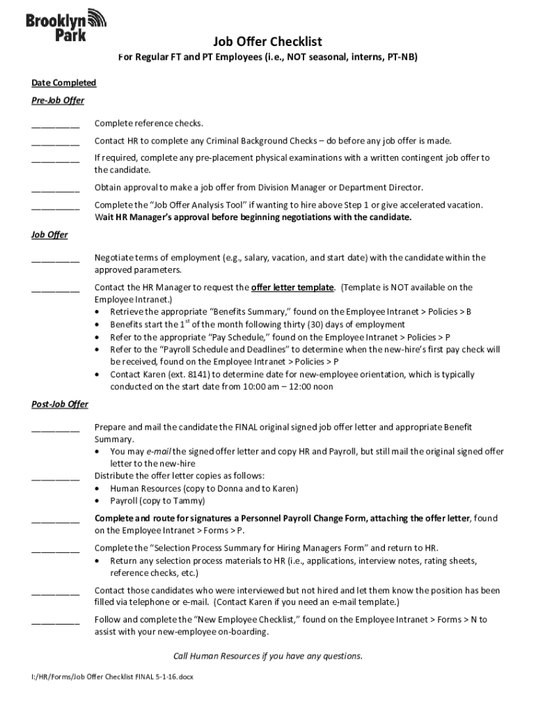 Fillable Online Job Offer ChecklistBrooklyn Park Fax Email Print ...