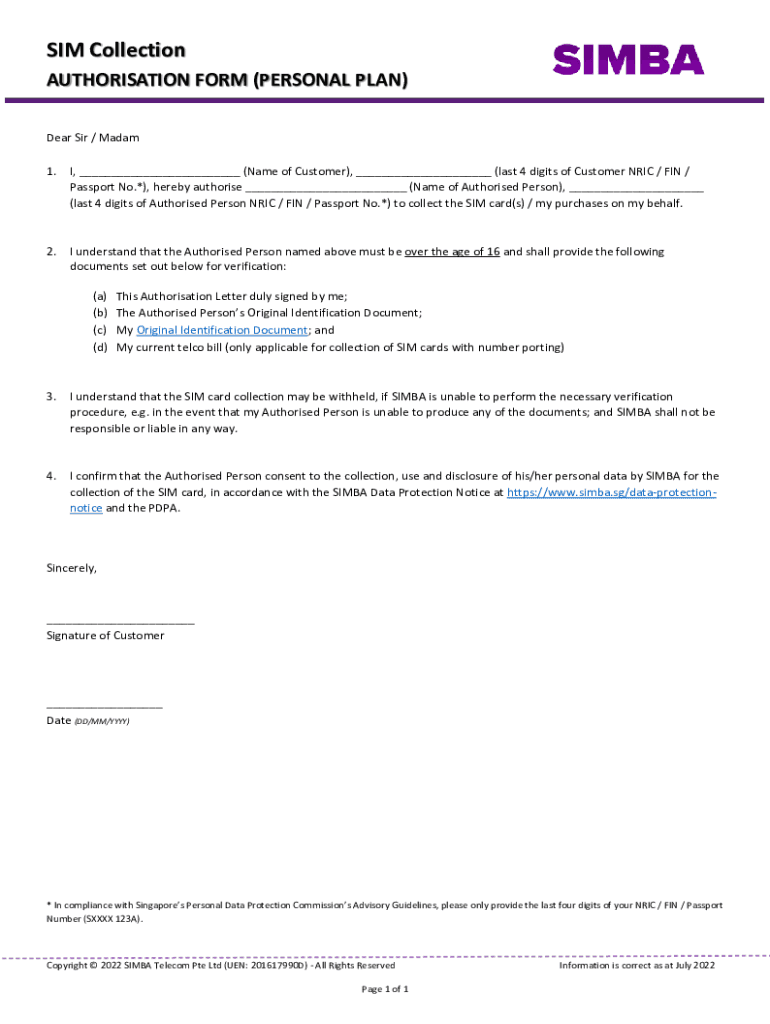 Fillable Online AUTHORISATION FORM - SIMBA Fax Email Print - pdfFiller