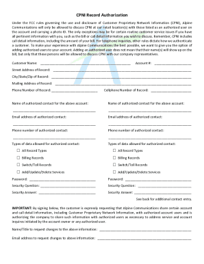 Fillable Online CPNI Record AuthorizationAlpine Communications Fax ...